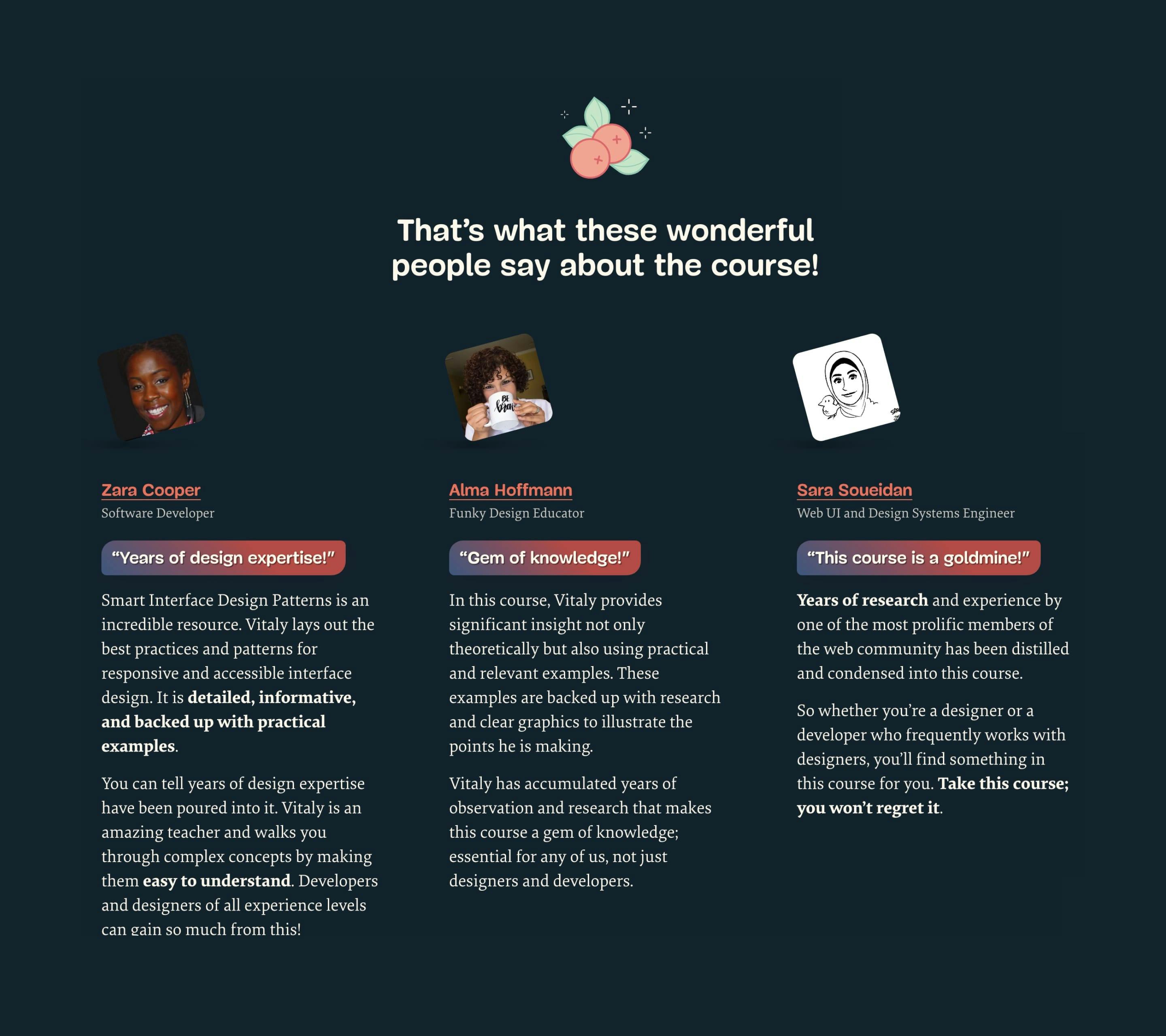 Smart Interface Design Patterns Testimonials featured on One Page Love Smart Interface Design Patterns Testimonials featured on One Page Love
